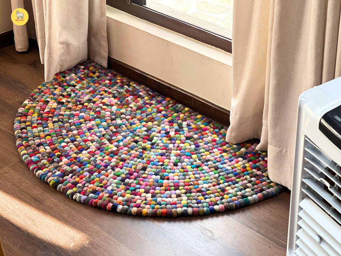 Multicolor Felt Ball Rug: Handmade Wool Semi-circle Mat - Etsy
