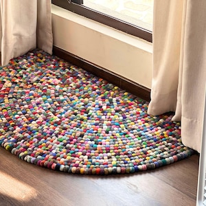 Multicolor Felt Ball Rug: Handmade Wool Semi-circle Mat - Etsy