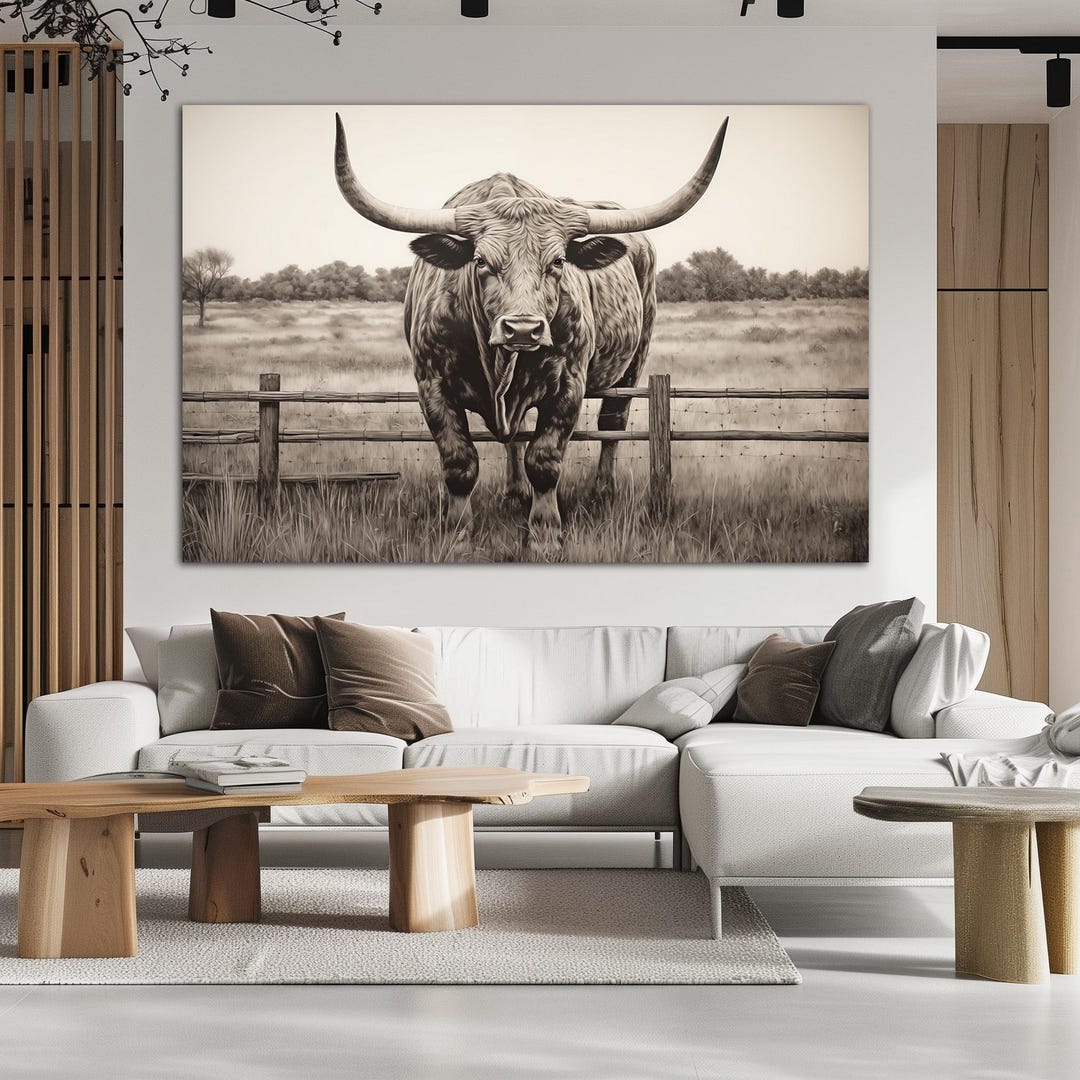 Vintage Longhorn Cow Canvas Print: Farmhouse Wall Art - Etsy