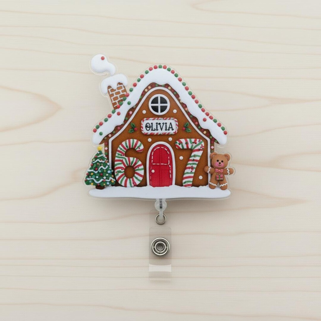 Personalized Gingerbread House Badge Reel, Custom Name Christmas, Cute ...