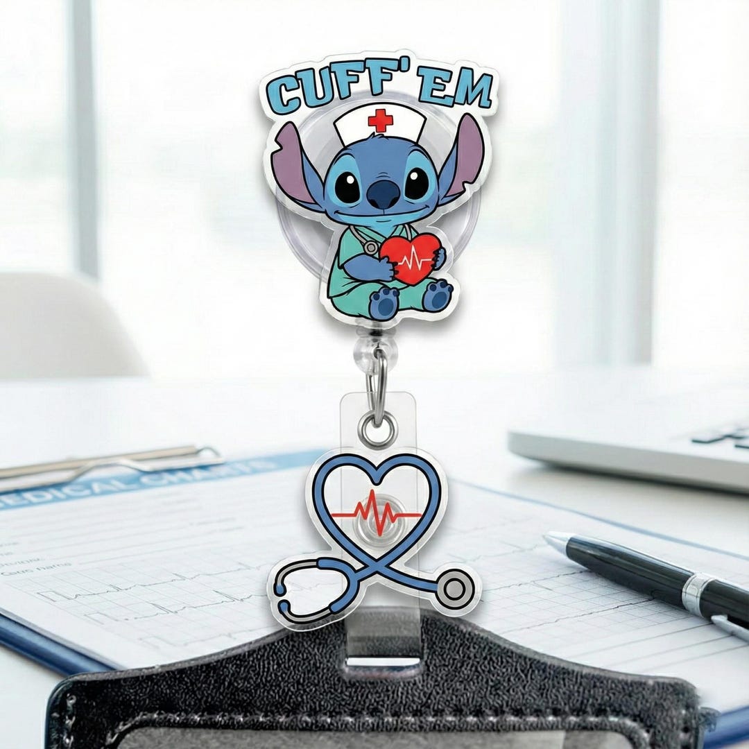 Stitch Nurse Badge Reel, Funny ID Holder, Cuff Em Retractable Reel ...