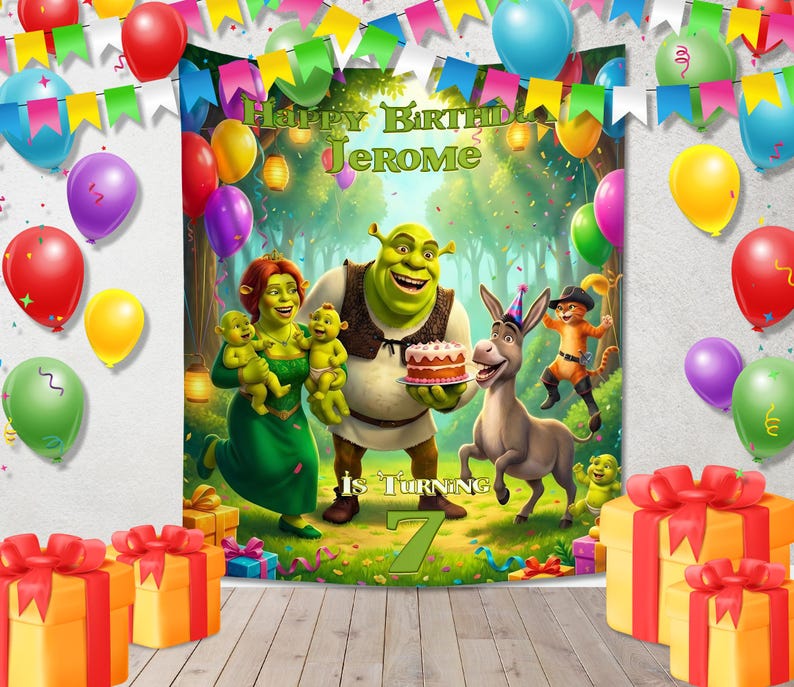 Birthday Backdrop Shrek Theme, Shrek Birthday Backdrop, Shrek Party ...