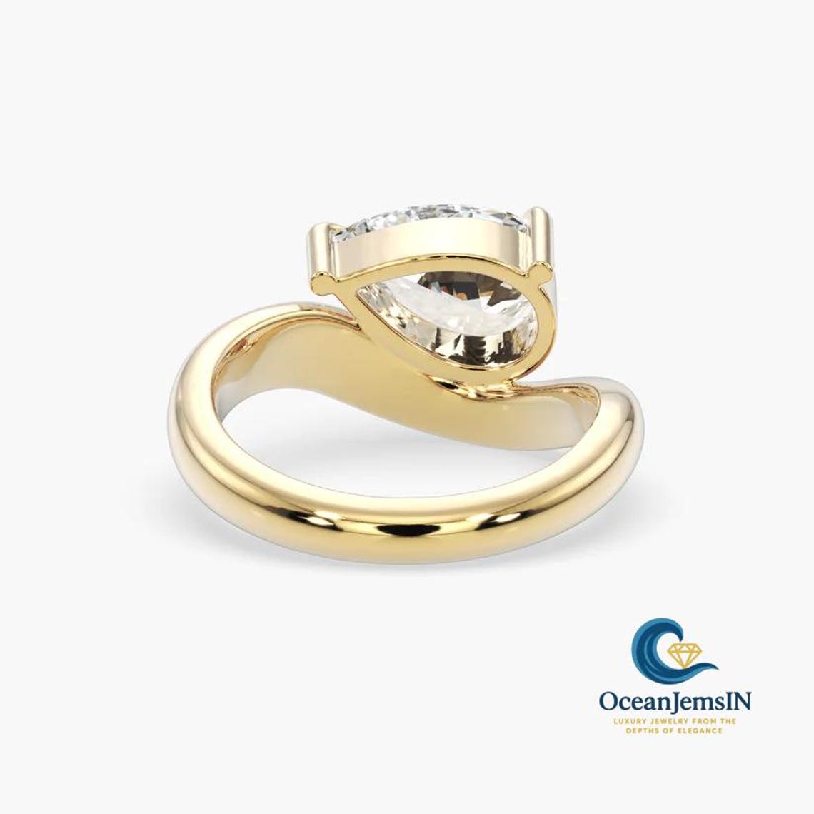 3CT Pear Cut Diamond Engagement Ring Unique Solitaire Ring Curved Wavy ...