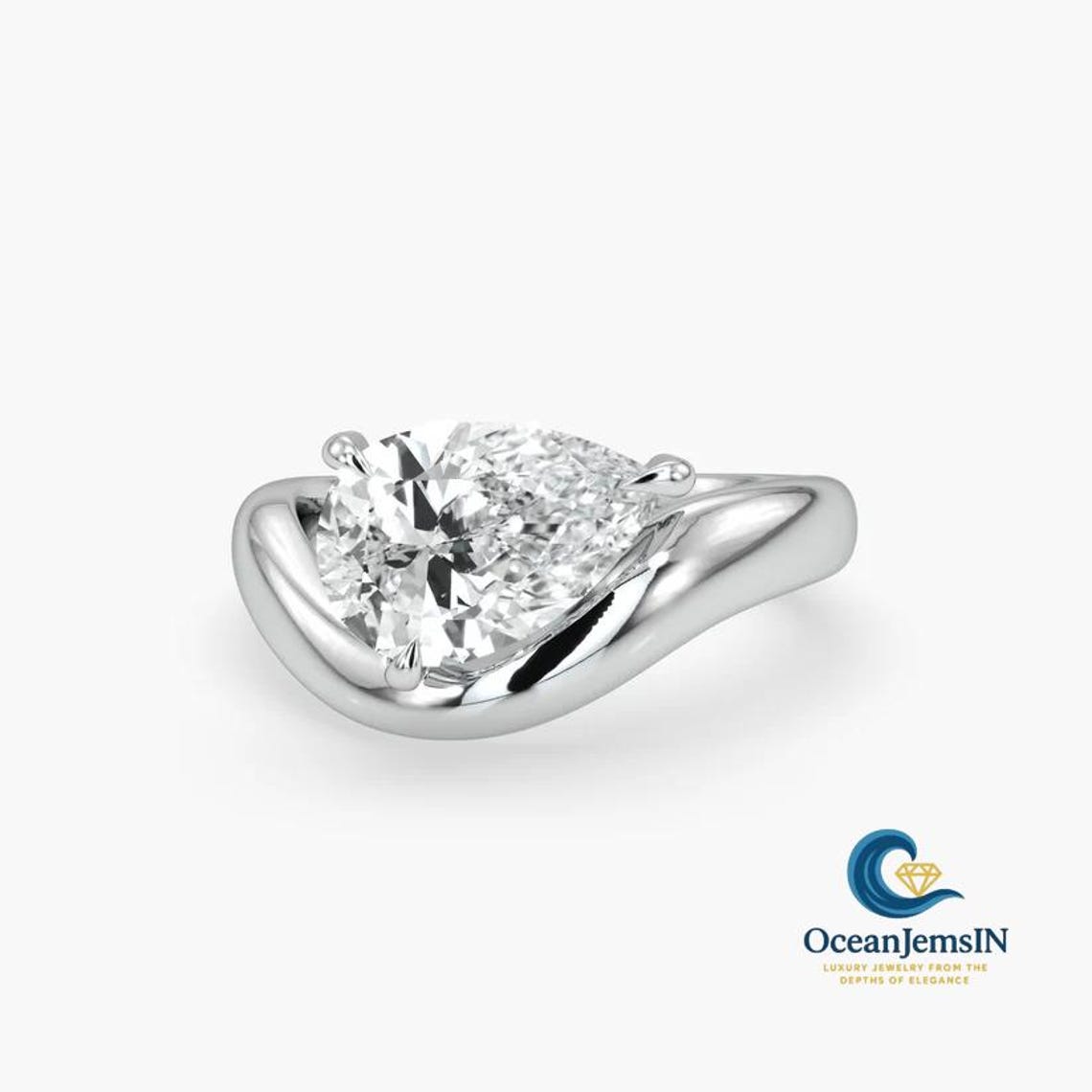 3CT Pear Cut Diamond Engagement Ring Unique Solitaire Ring Curved Wavy ...