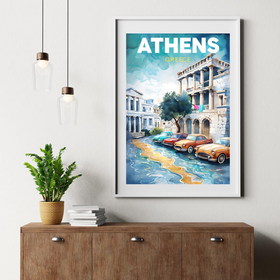 Parthenon Athens Street Art Print – Greek Ruins & Vintage Cars, Travel ...