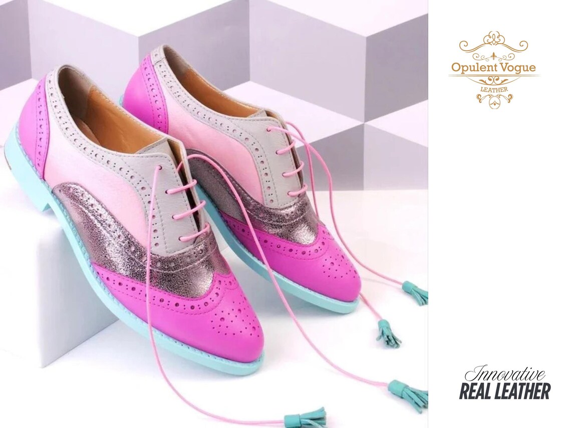 Handmade Leather Wingtip Brogue Shoes | Pink, Silver & Sky Blue Oxfords ...