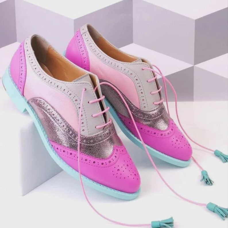 Handmade Leather Wingtip Brogue Shoes | Pink, Silver & Sky Blue Oxfords ...