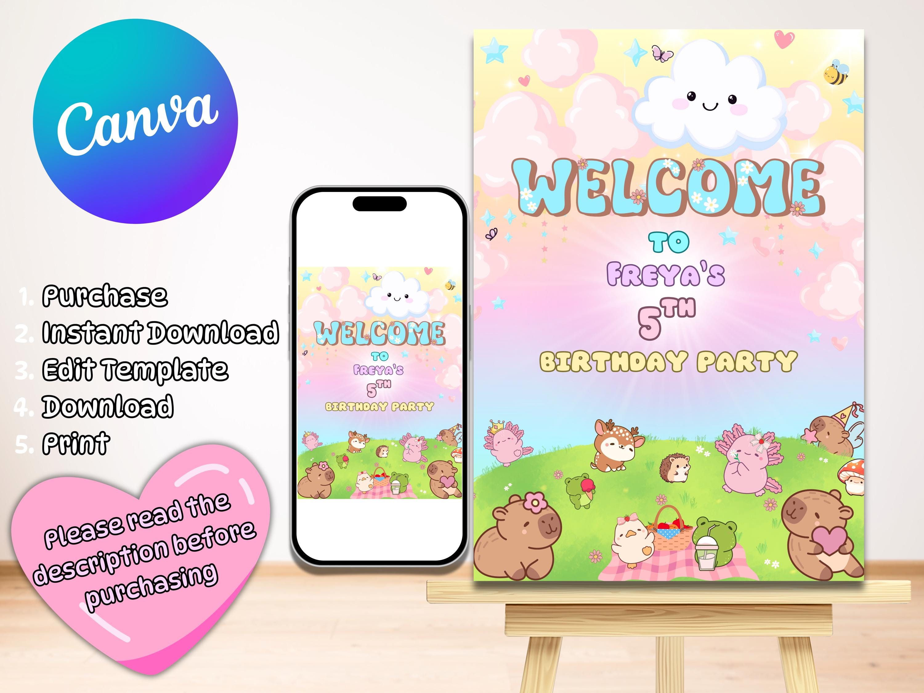 Kawaii Animals Cute Capybara Birthday Party Welcome Sign, Download ...