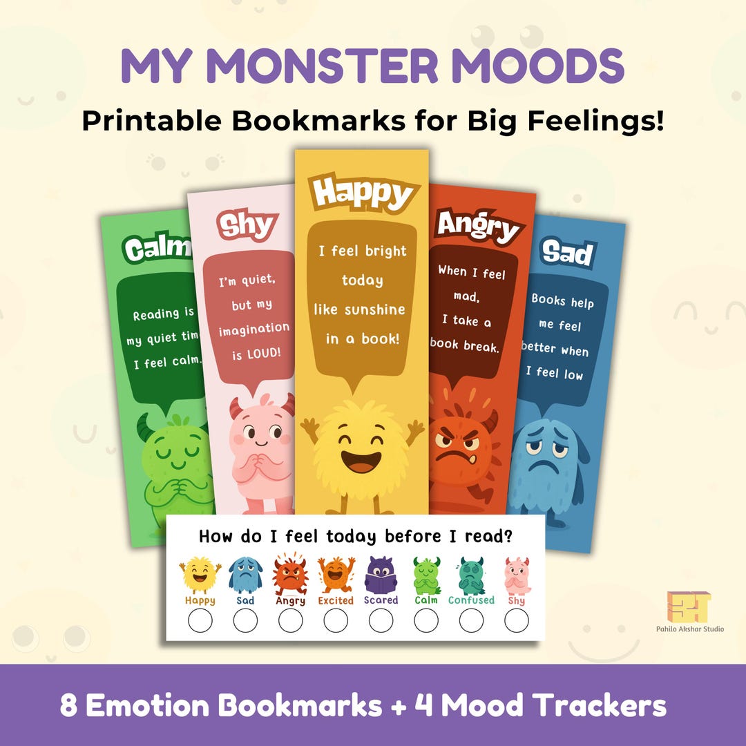 Printable Monster Mood Bookmarks for Kids - 8 Emotions + 4 Mood Tracker ...