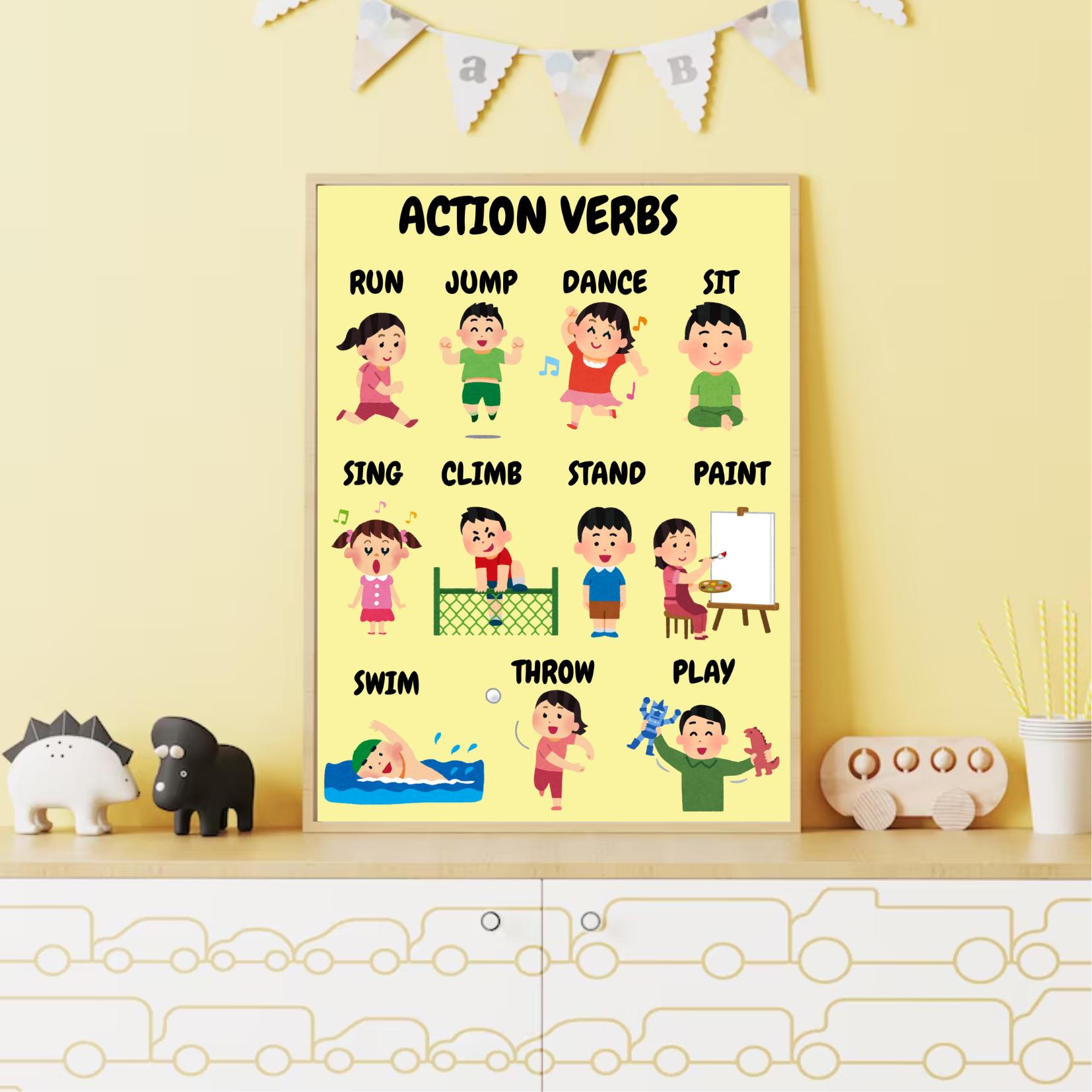 Action Verbs Poster for Kids – English Verb Chart With Cute Characters ...