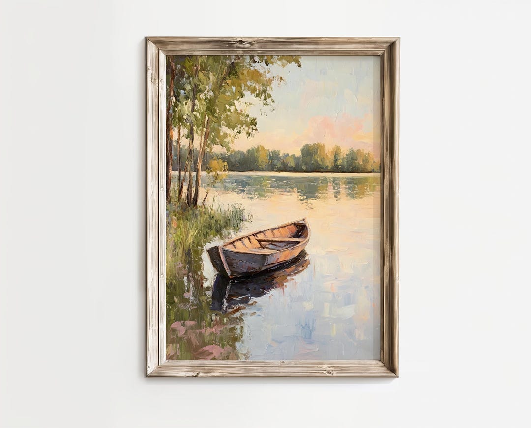 Impressionist Lake Oil Painting Print – Rustic Boat Landscape Wall Art ...