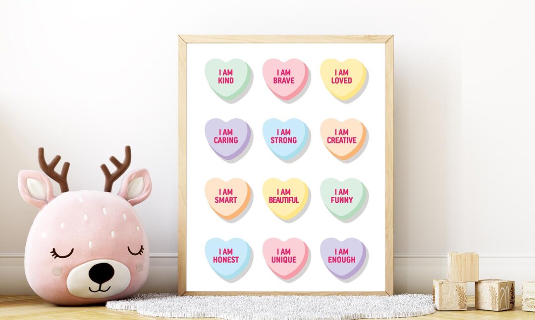 Positive Affirmation Candy Heart Poster for Girls Rooms, Baby Room ...