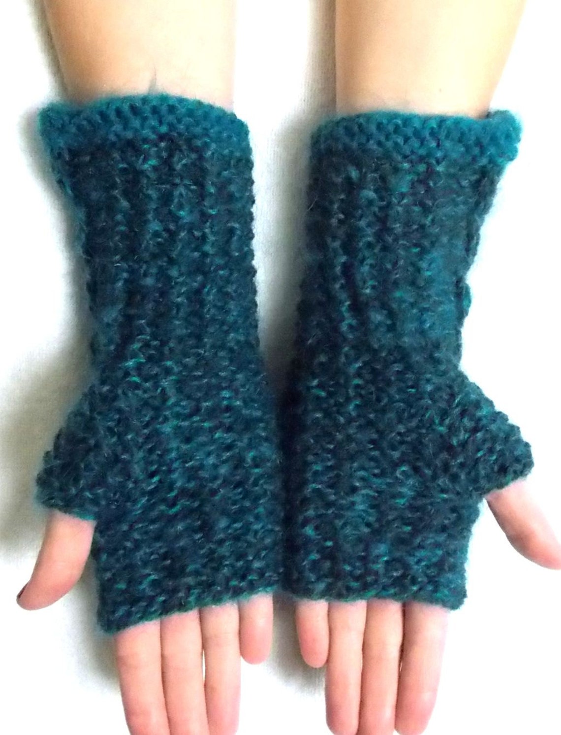Handknitted Chunky Fingerless Gloves Blue Green / Teal - Etsy