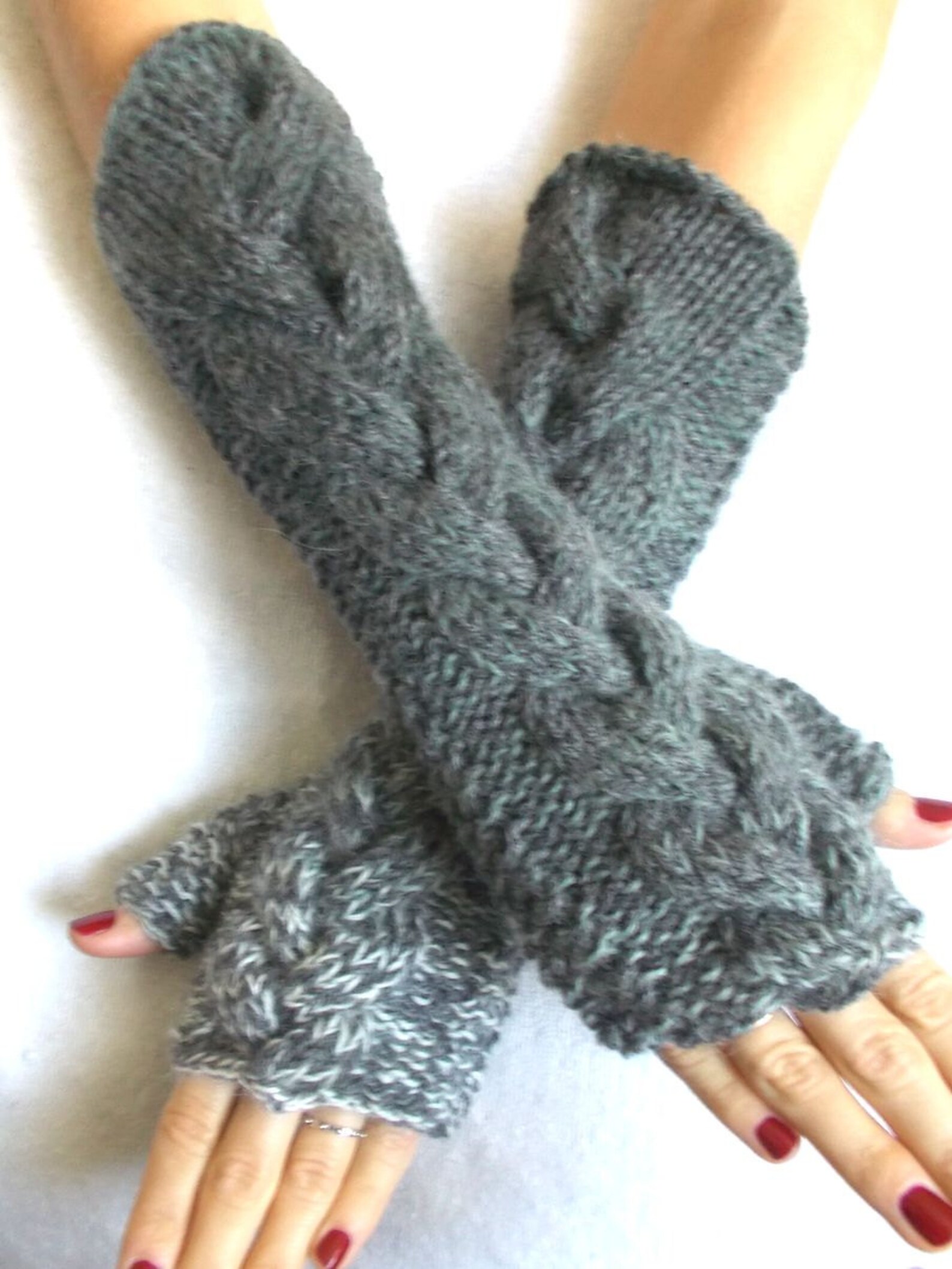 Grey Shades Fingerless Gloves Cabled Warm Arm Warmers Extra | Etsy