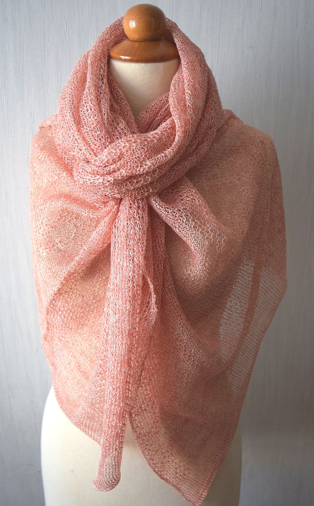 Linen Shawl Salmon Pink Knitted Natural Lace Scarf Wrap Natural Spring ...