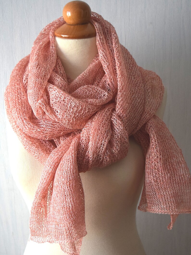 Linen Shawl Salmon Pink Knitted Natural Lace Scarf Wrap | Etsy