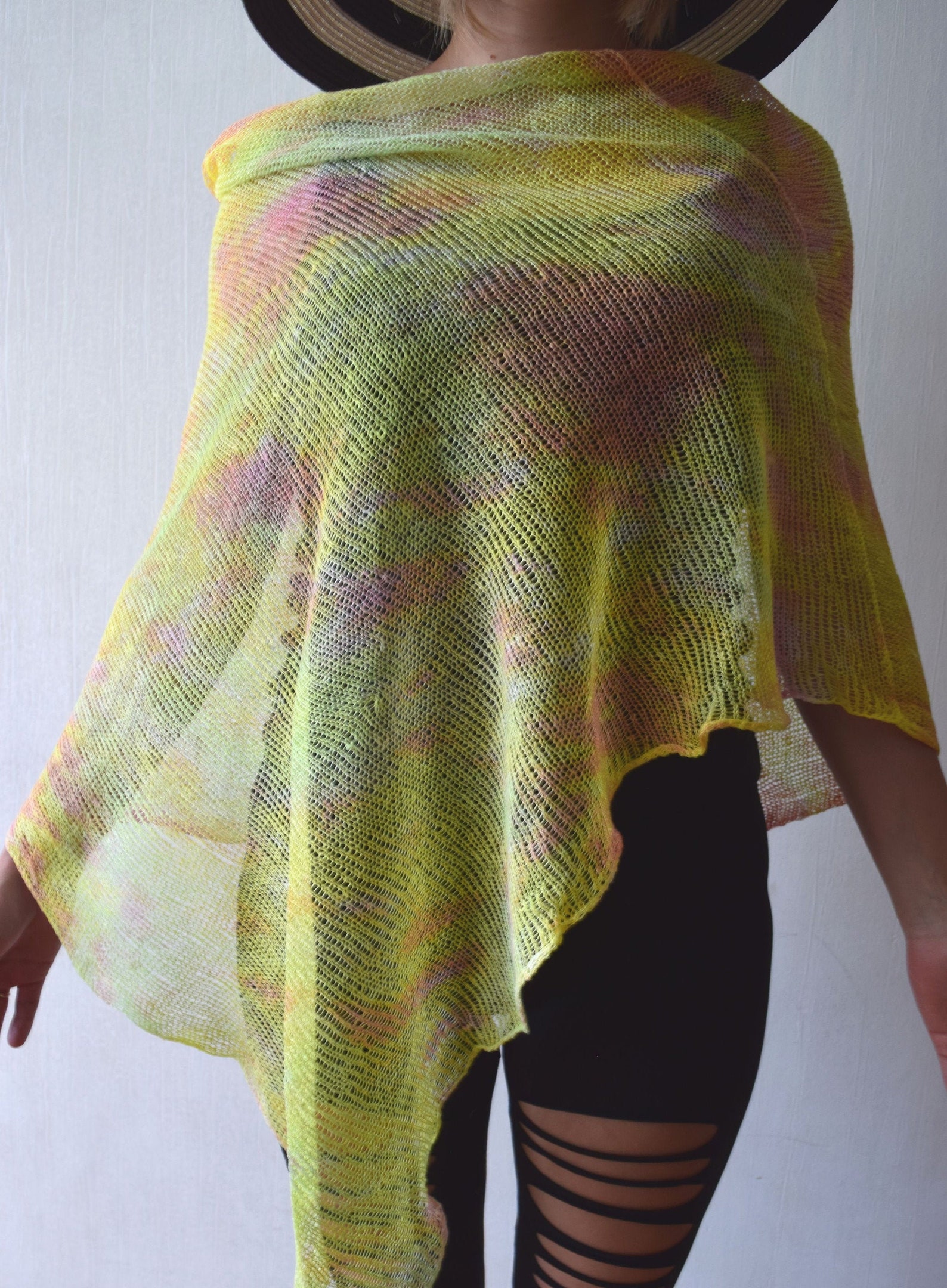 Linen Shawl Poncho Top Lime Green Pink Yellow Hand Dyed Abstract Women ...