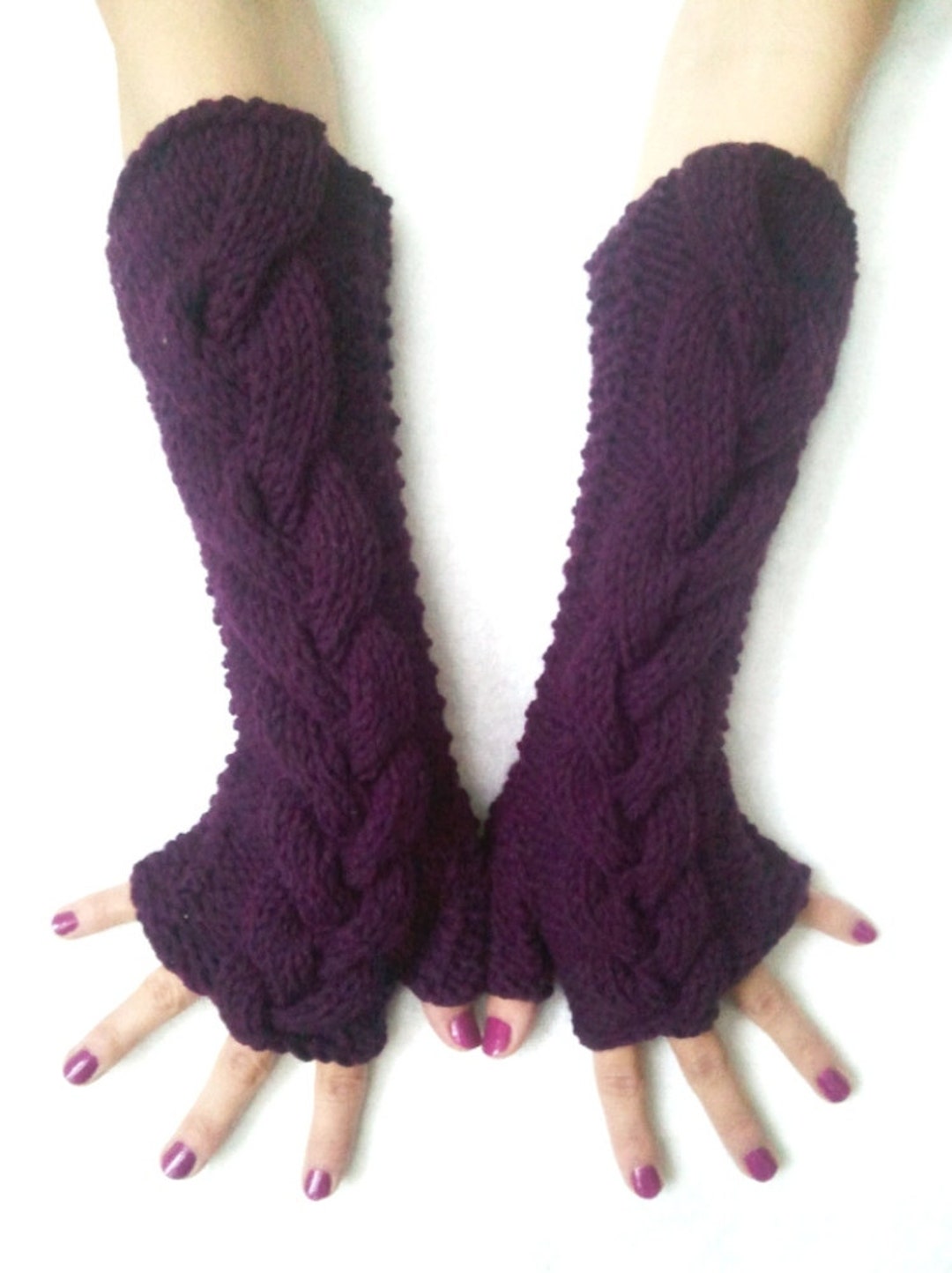 Fingerless Mittens Purple Burgundy Violet Cabled Arm Warmers, Extra ...