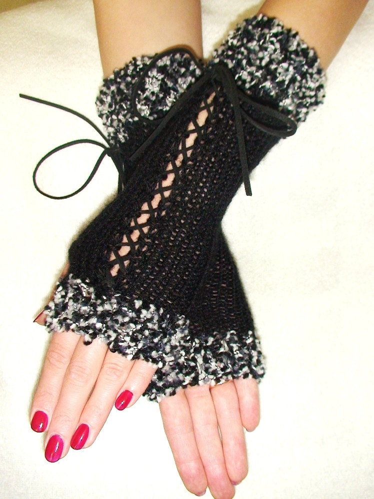 Fingerless Gloves Black Corset Wrist Warmers With Suede | Etsy