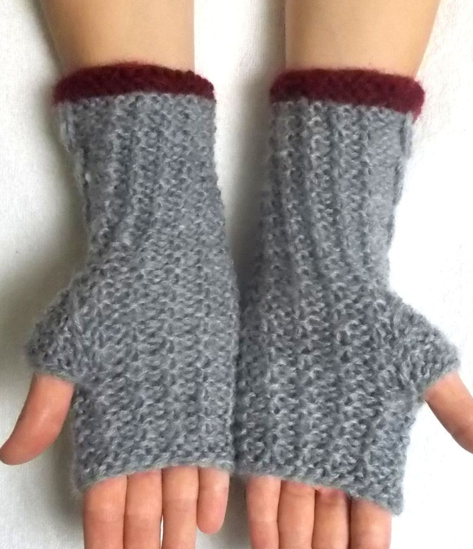Gray Burgundy Fingerless Gloves Cabled Warm Wrist Warmers - Etsy