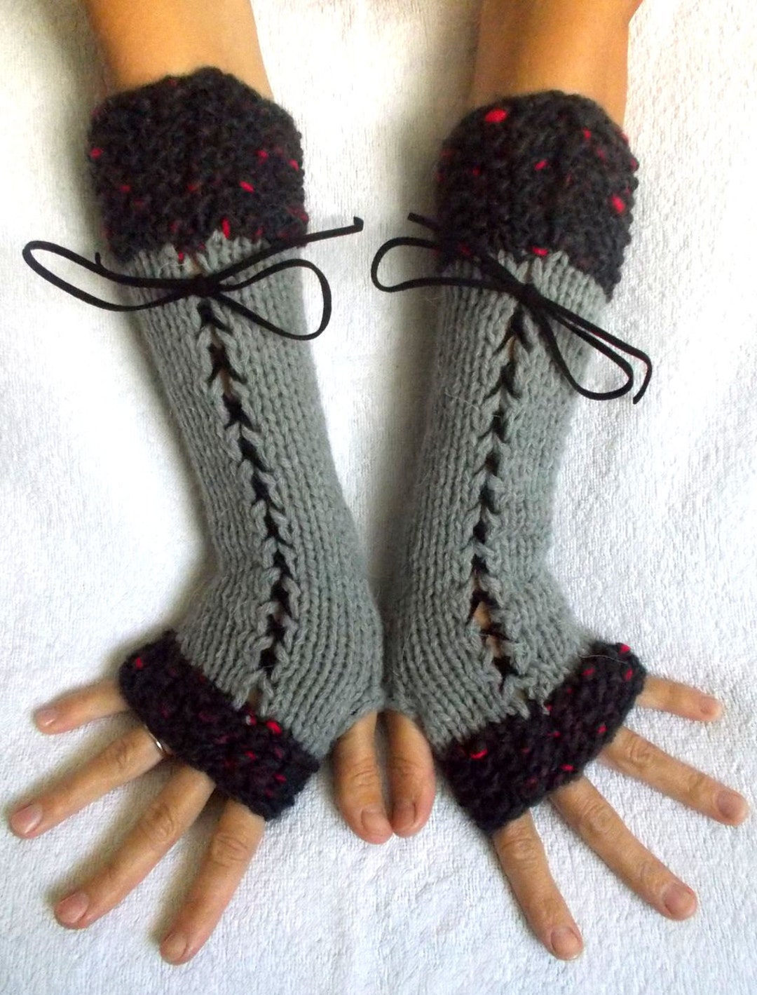 Women Fingerless Gloves Grey Corset Arm Warmers With Suede Ribbons ...