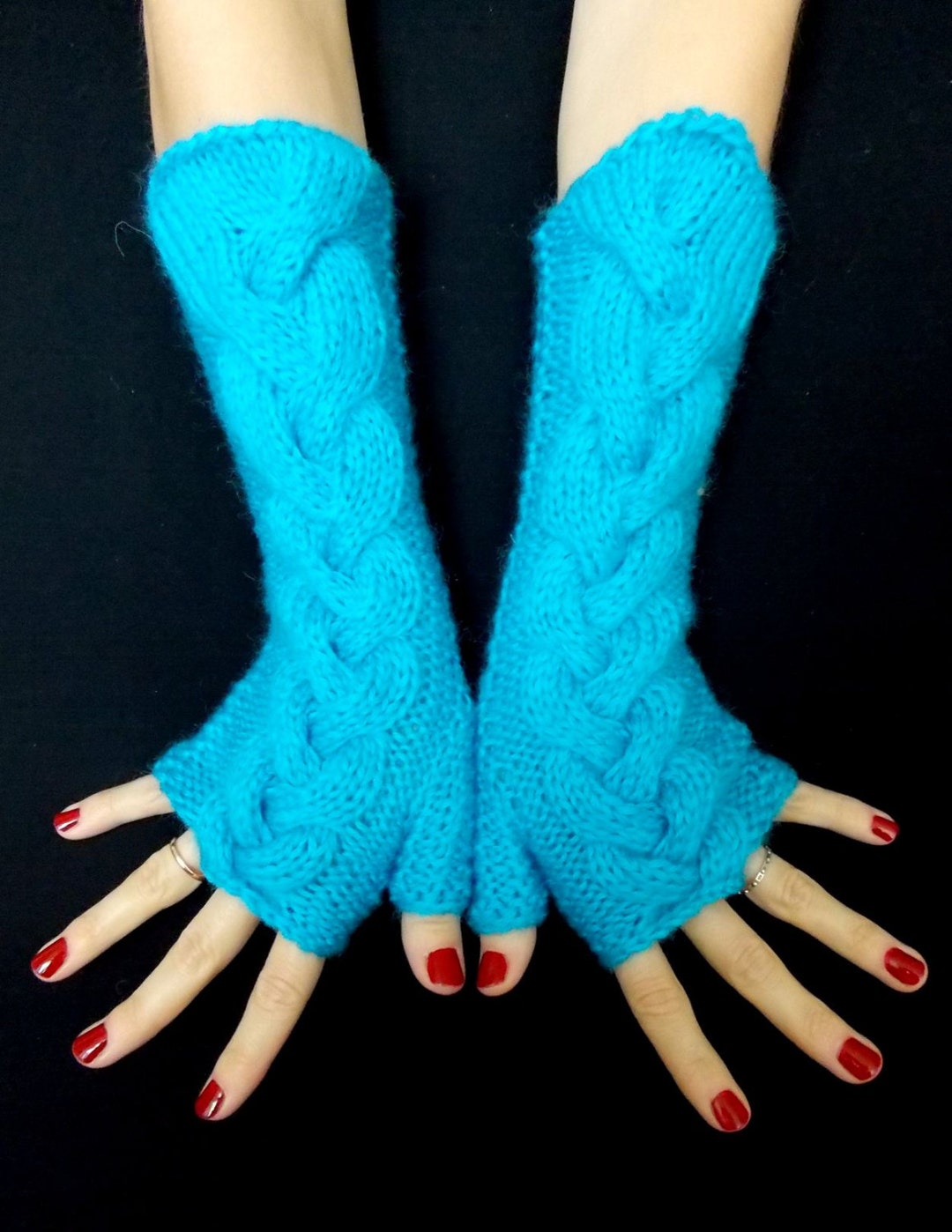 Turquoise Blue Fingerless Gloves Angora Mohair Mittens Cabled - Etsy