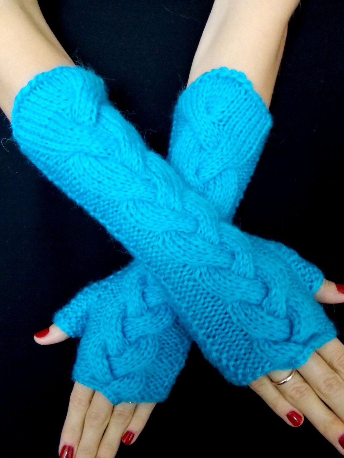 Turquoise Blue Fingerless Gloves Angora Mohair Mittens Cabled | Etsy