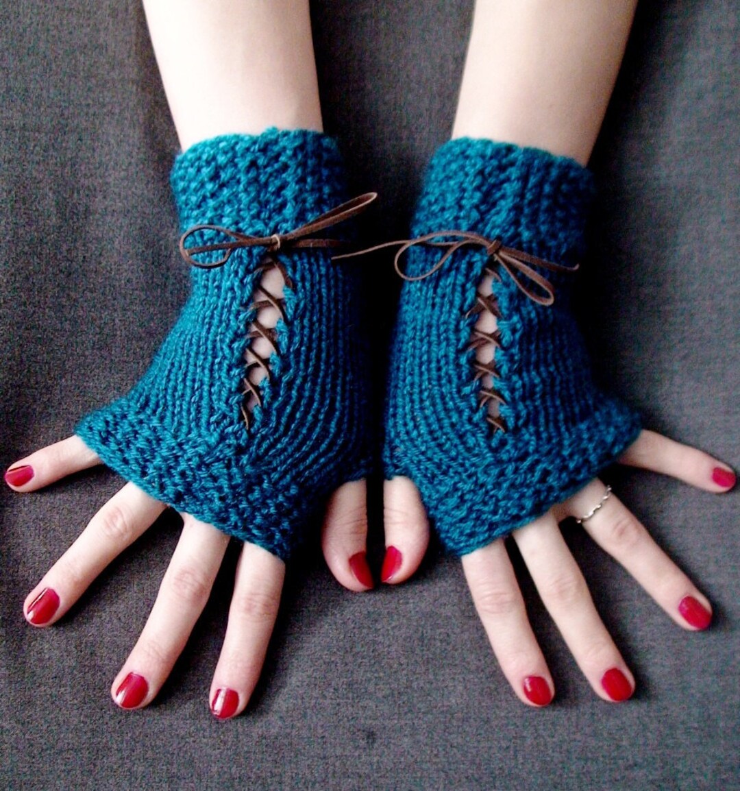Fingerless Gloves Corset Wrist Warmers Handknit in Dark Ocean Blue ...