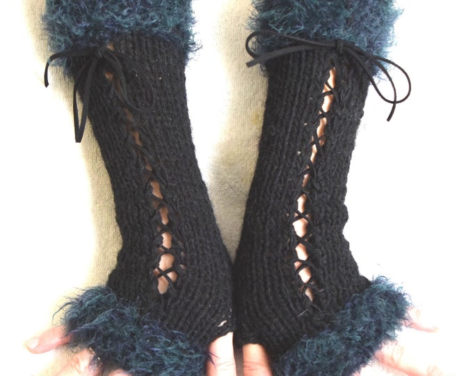Long Black Fingerless Corset Gloves Arm Warmerswith Suede Ribbons and ...