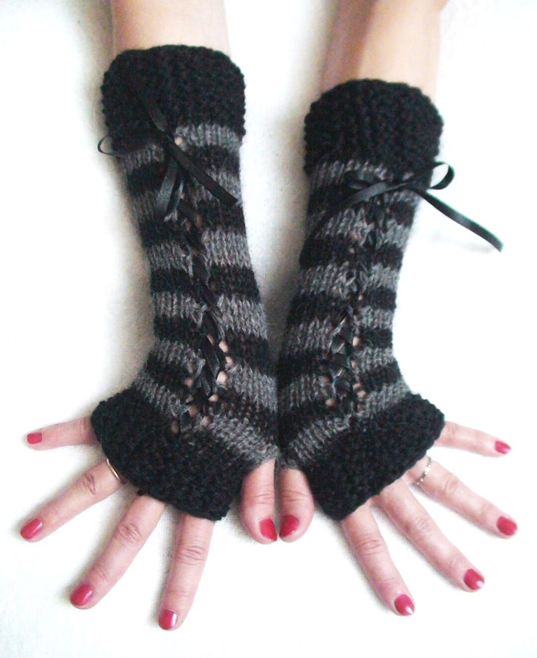 Fingerless Gloves Corset Wrist Warmers Striped in Black and Grey With ...