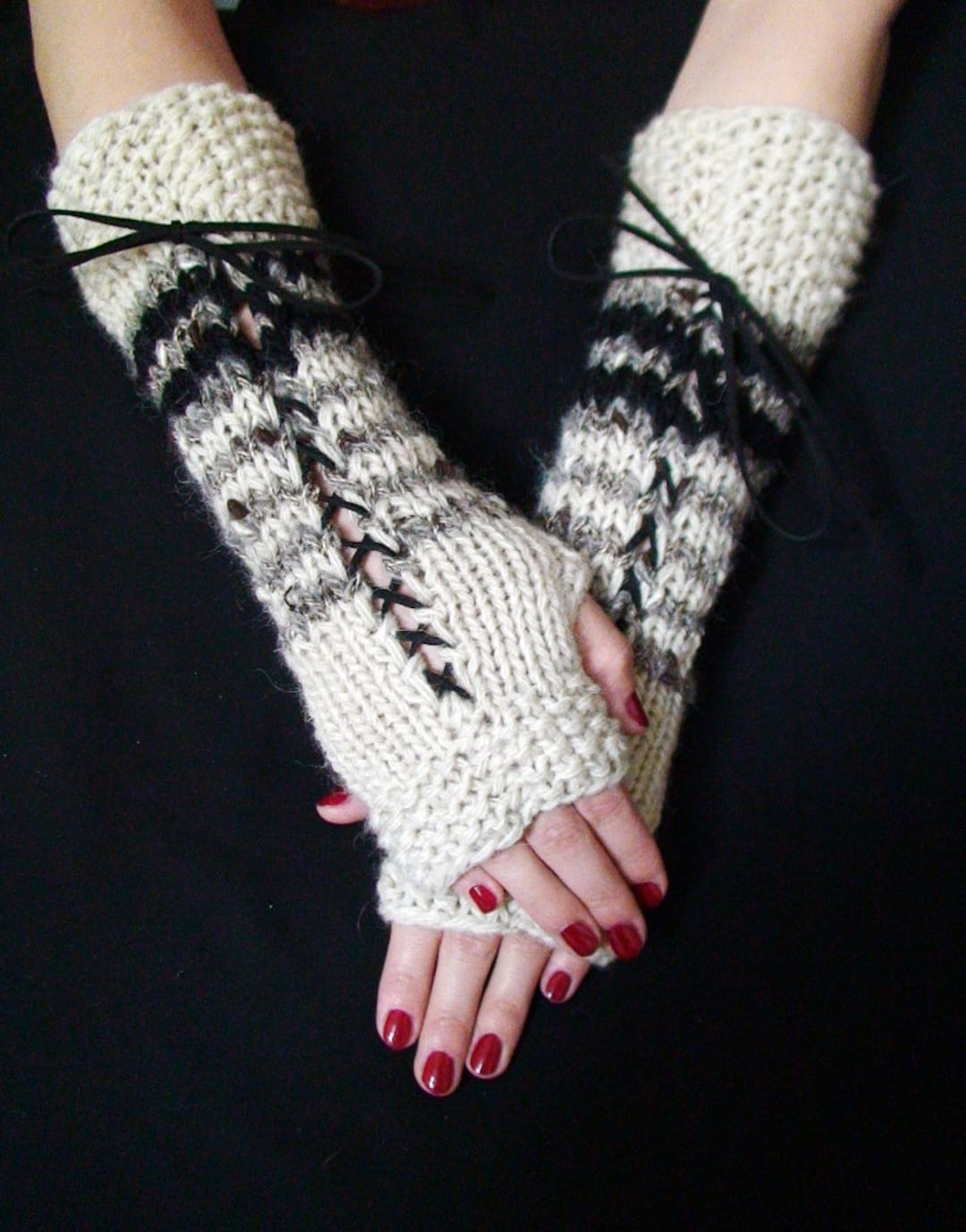 Fingerless Gloves Long Corset Natural White Black Grey With Black Suede ...