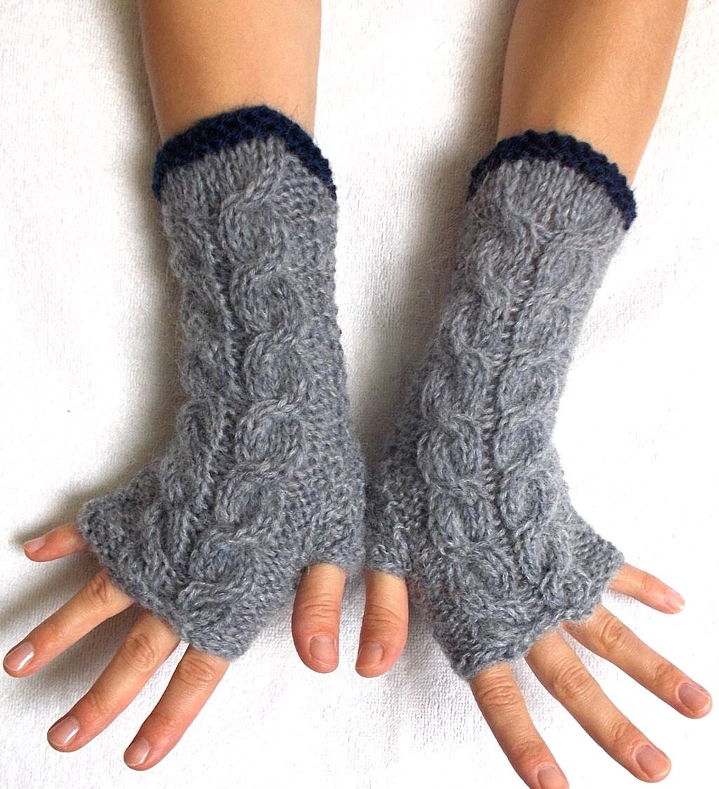Fingerless Gloves Cabled Warm Wrist Warmers Grey Navy | Etsy