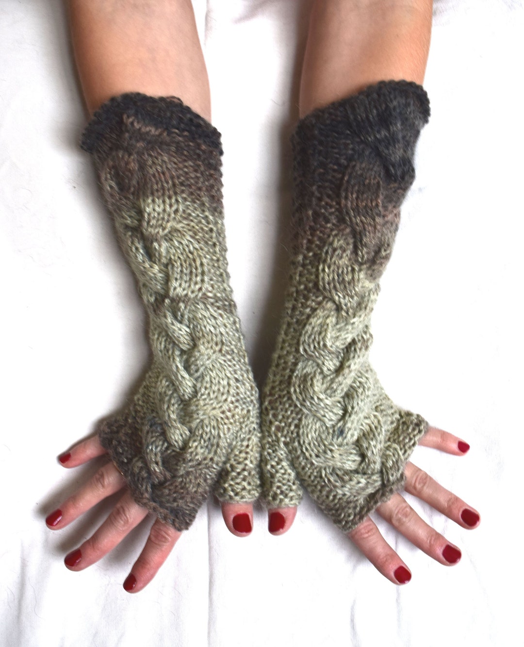 Cabled Fingerless Gloves Brown Beige Shades Arm Warmers Warm Soft ...