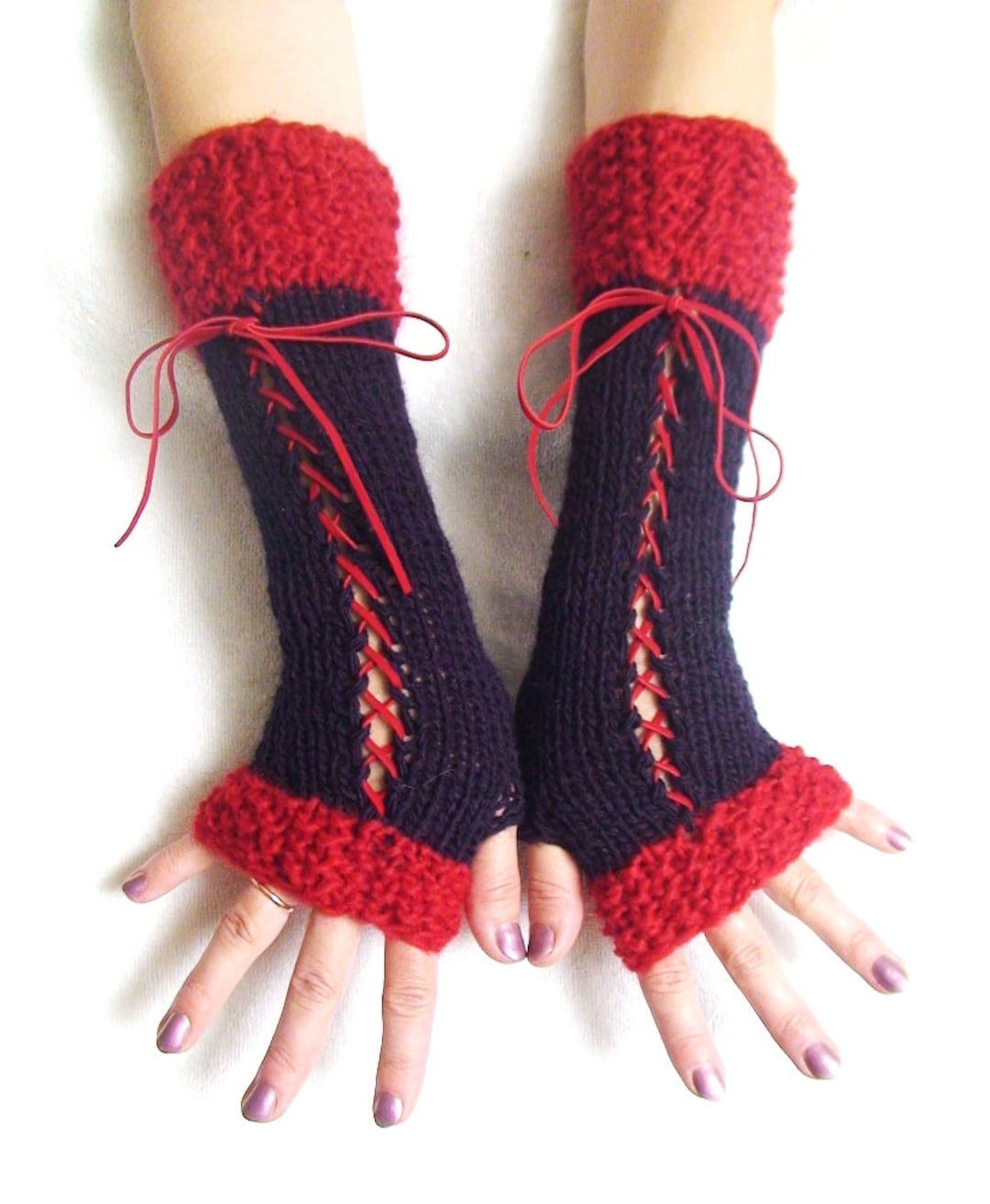 Fingerless Gloves Long Corset Wrist Warmers in Dark Violet and Red With ...