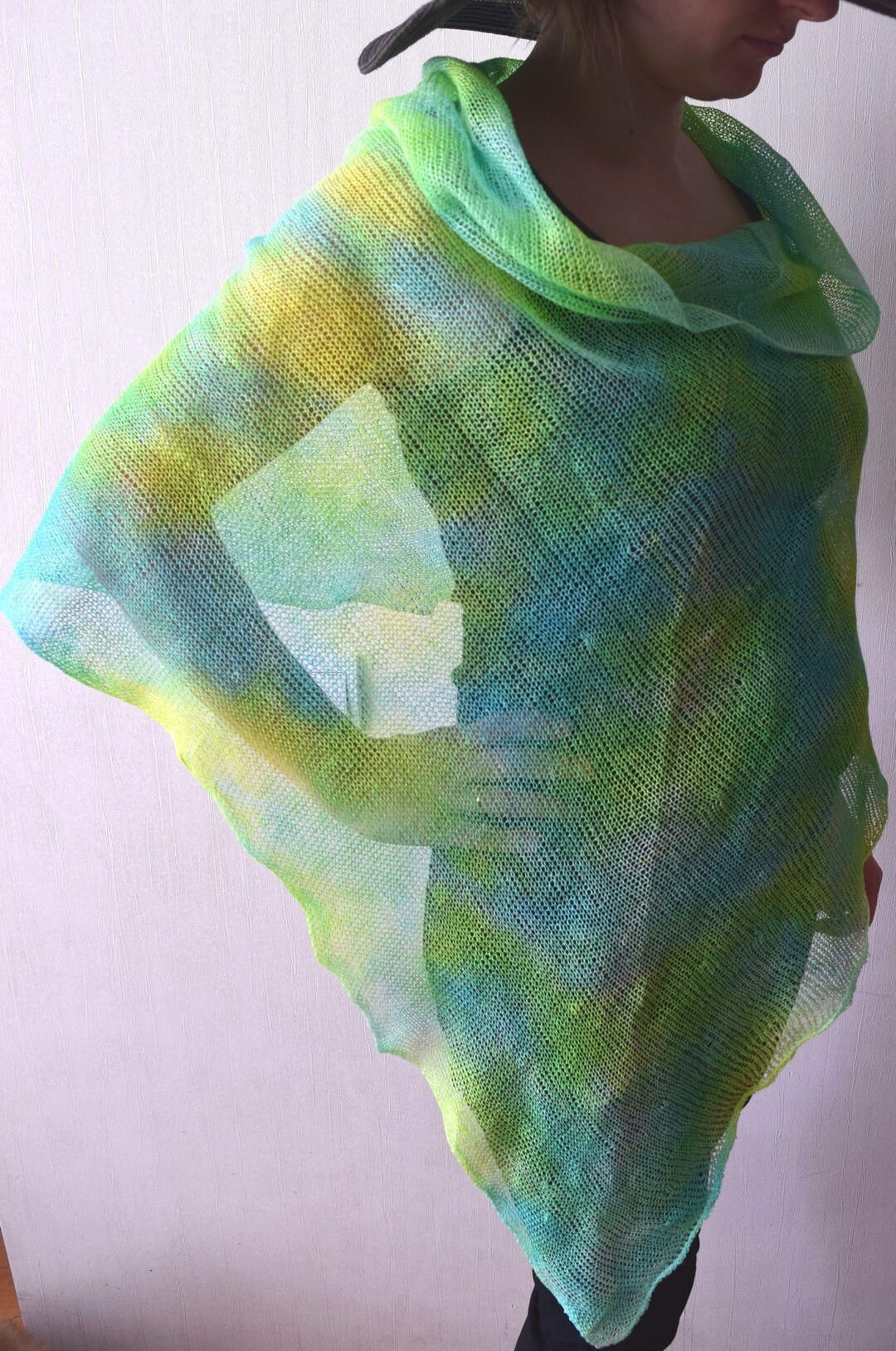 Linen Poncho Shawl Top Lime Green Turquoise Blue Yellow Hand Dyed ...