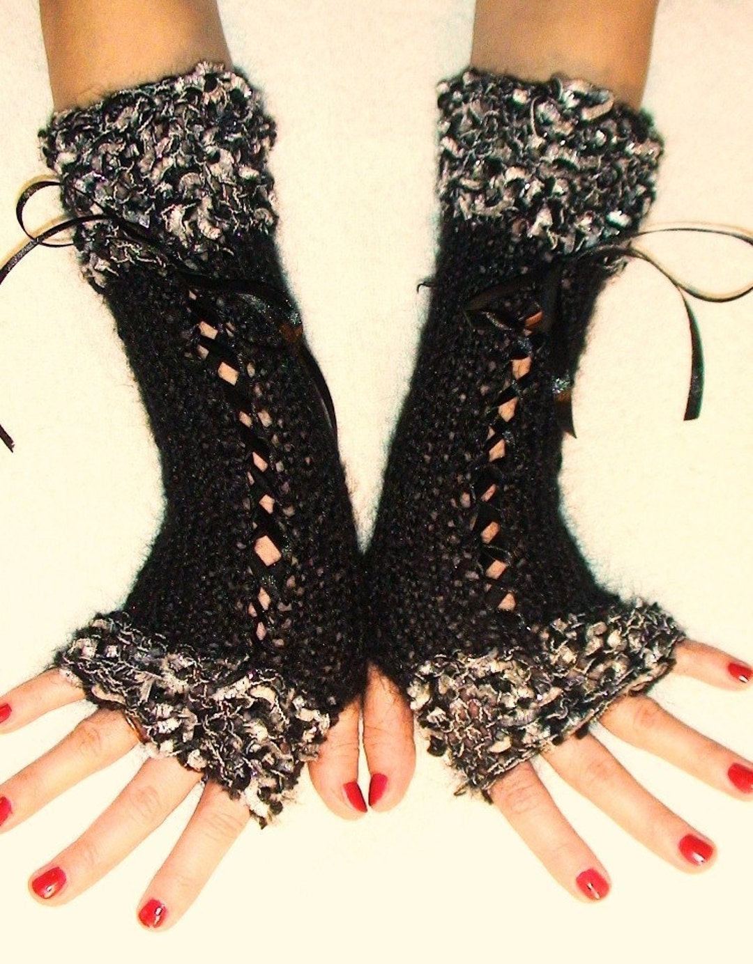 Luxury Fingerless Gloves Black Silky Mohair Corset With Silver Black ...