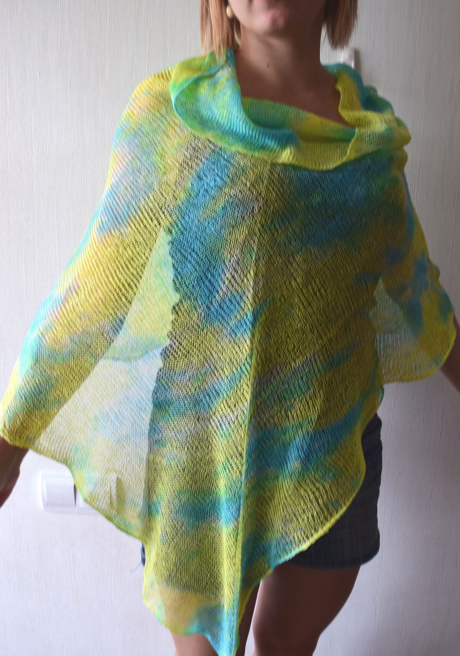 Linen Shawl Poncho Top Lime Green Turquoise Blue Yellow Hand Dyed ...