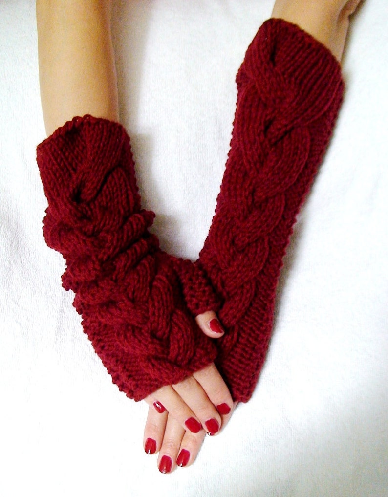 Fingerless Gloves/ Arm Warmers Red Dark Wine Cabled Hand - Etsy