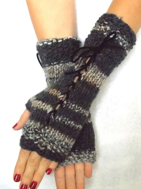 Fingerless Gloves Corset Wrist Warmers in Charcoal Grey Brown | Etsy