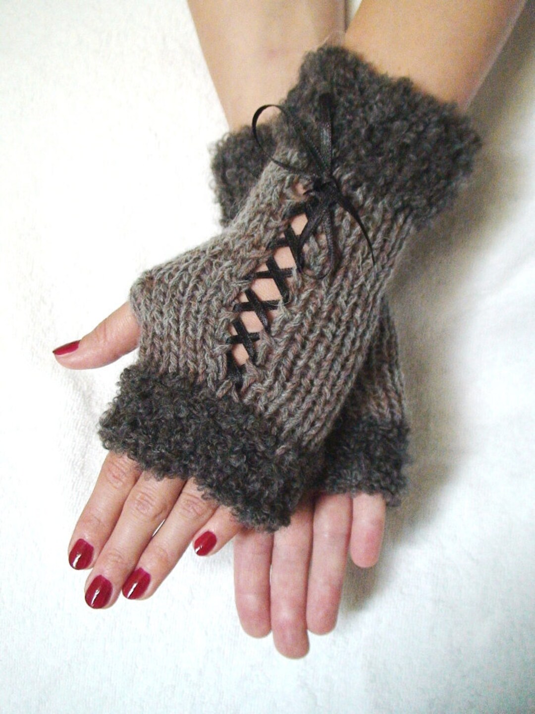Fingerless Gloves Corset Wrist Warmers in Taupe With Satin Ribbons and ...