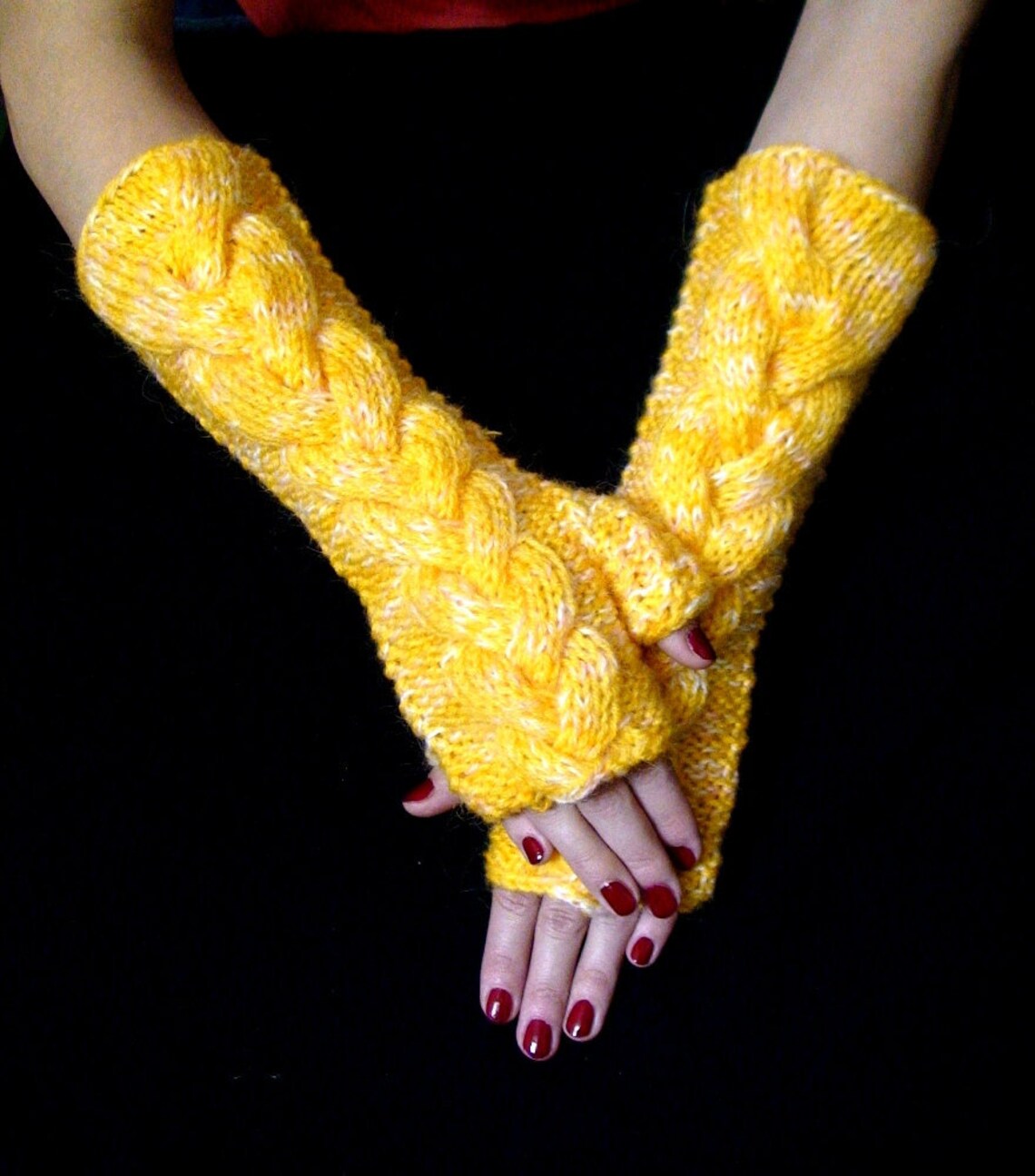 Fingerless Gloves Cabled Long Yellow Wrist Warmers With White - Etsy