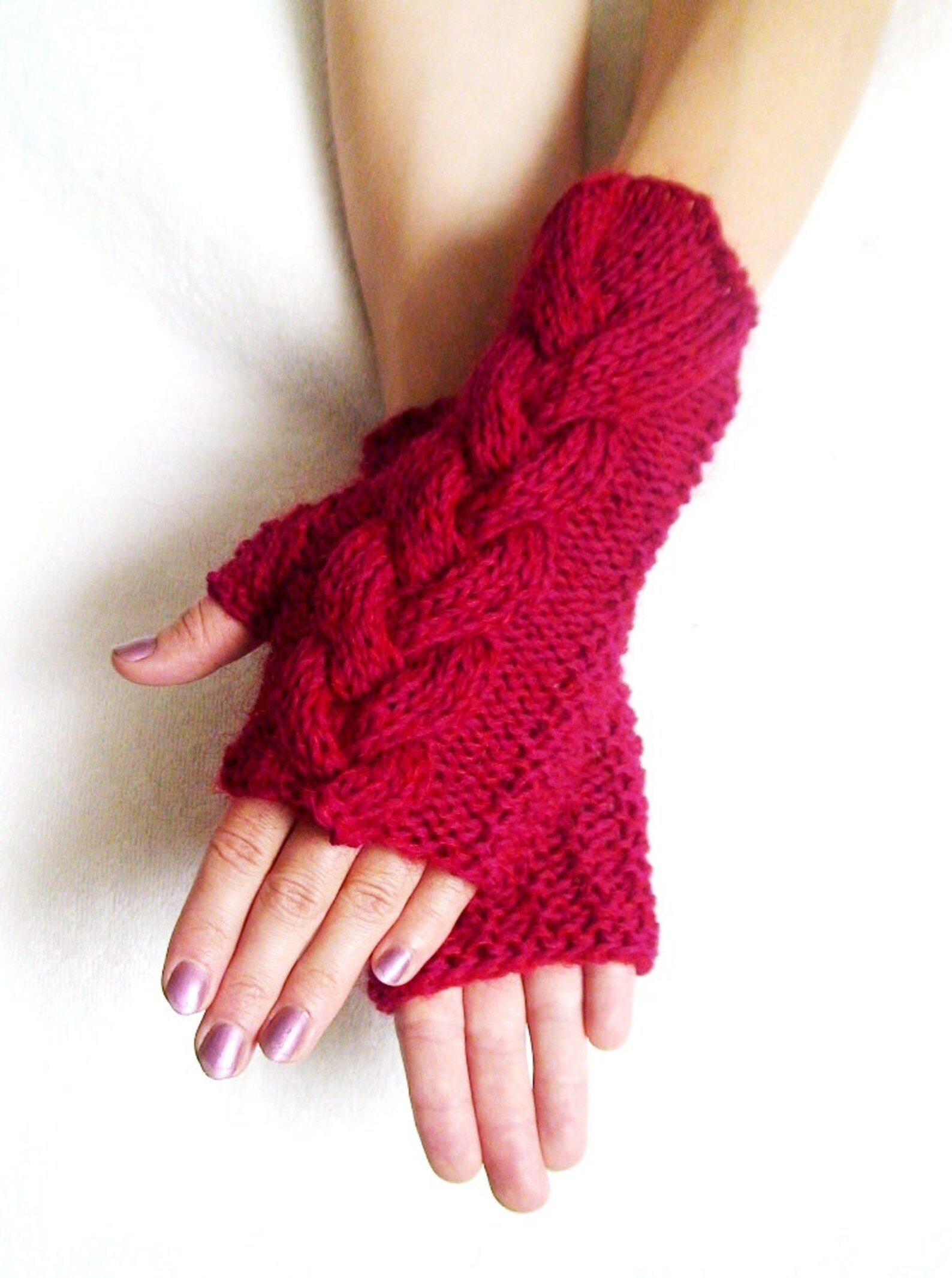 Red Fingerless Gloves Cabled Wrist Warmers Warm and Soft | Etsy