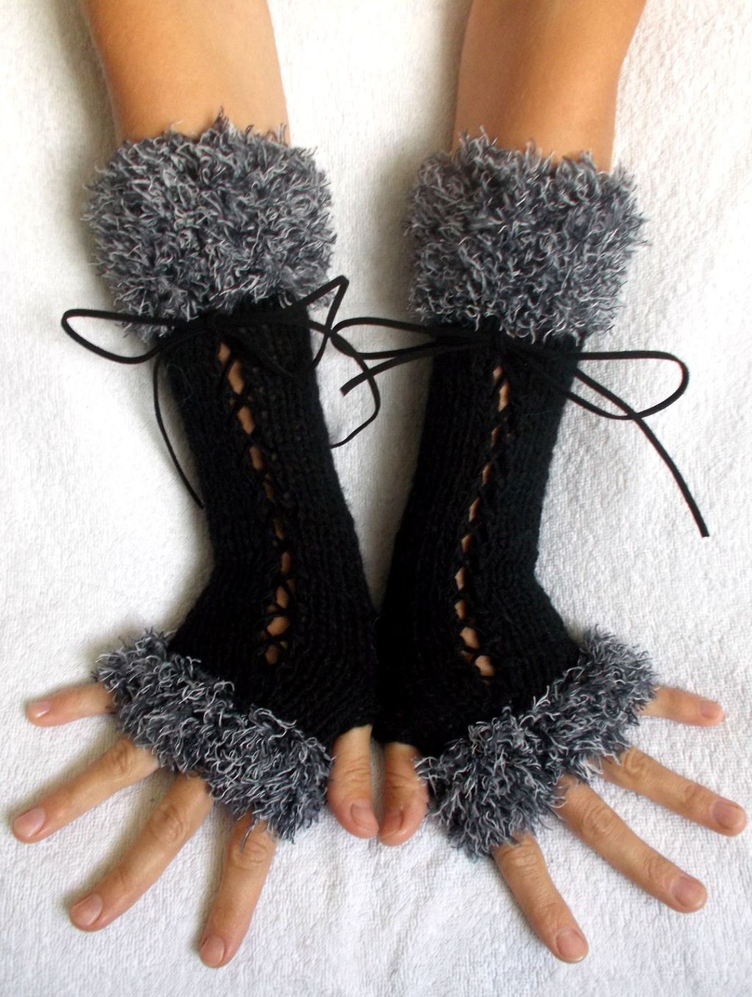 Fingerless Gloves Women Long Corset Wrist Warmers Black Grey With Suede ...