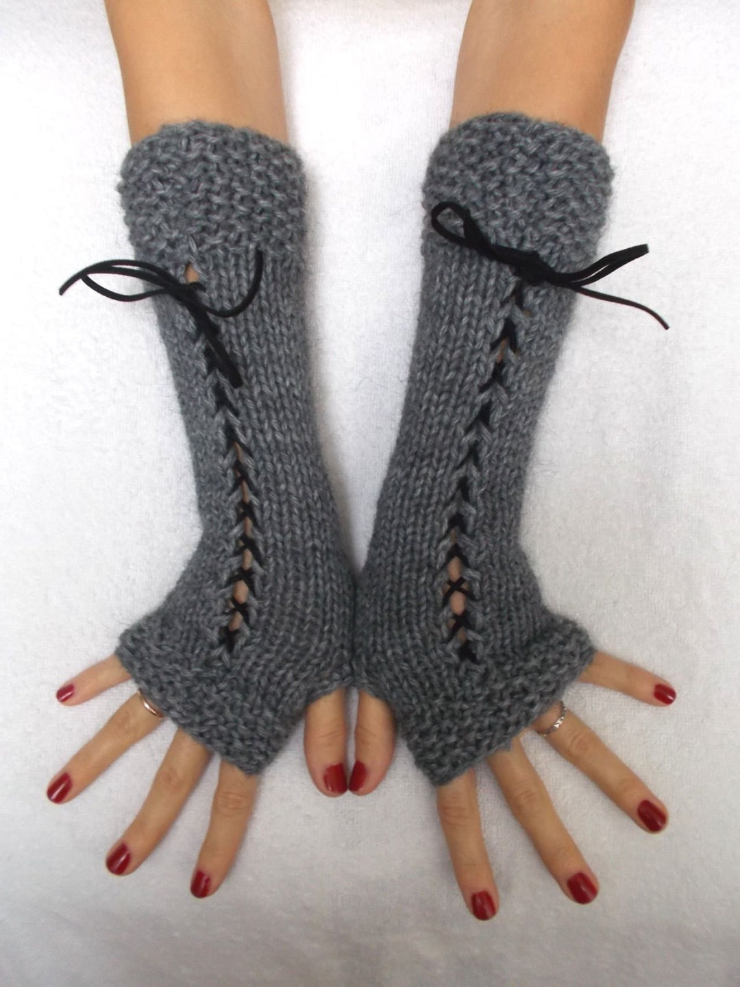 Fingerless Gloves Knit Grey Long Corset Gloves With Black Suede Ribbons ...