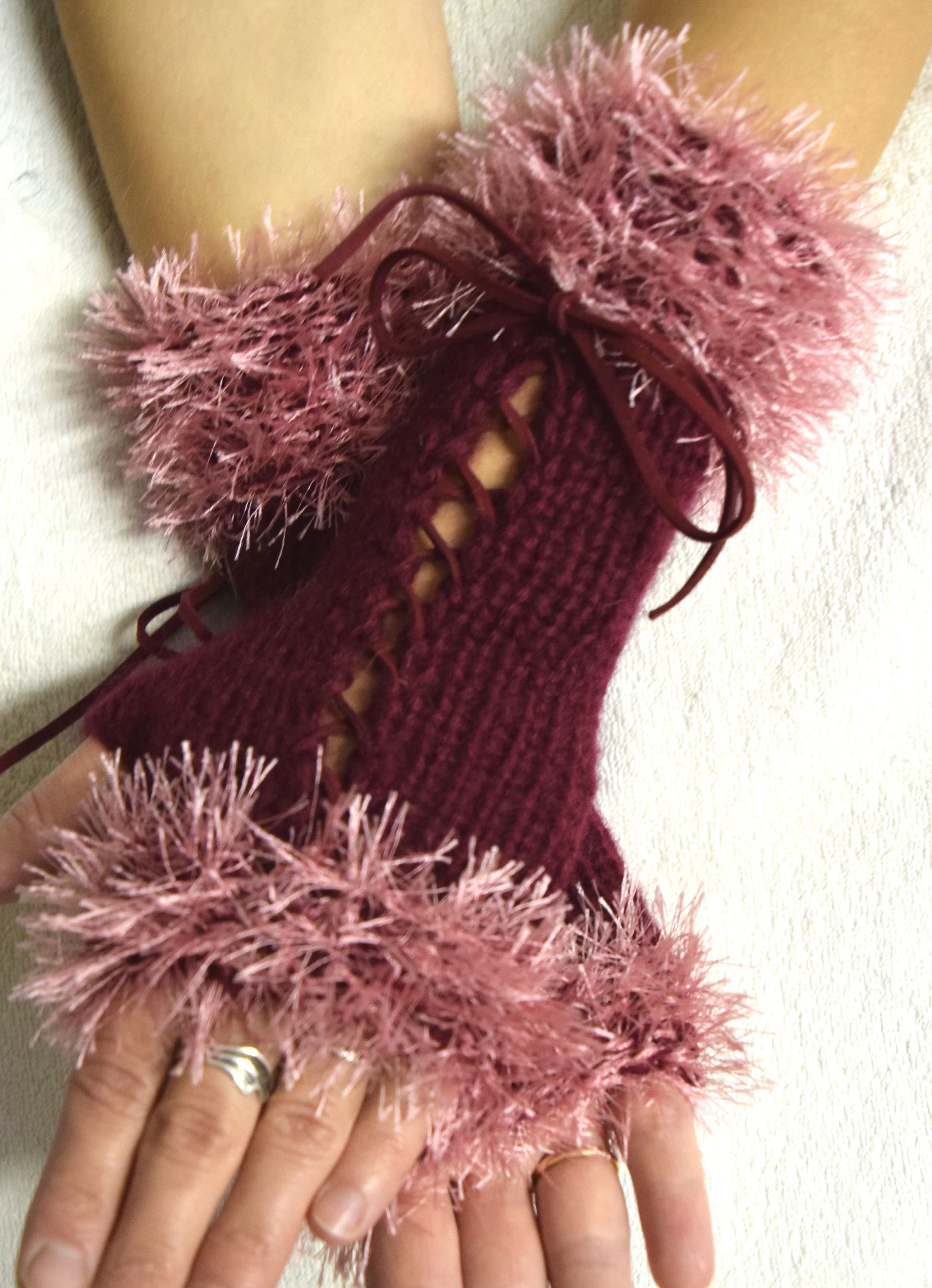 Fingerless Mittens Gloves Burgundy Dark Red Pink Knit Corset | Etsy