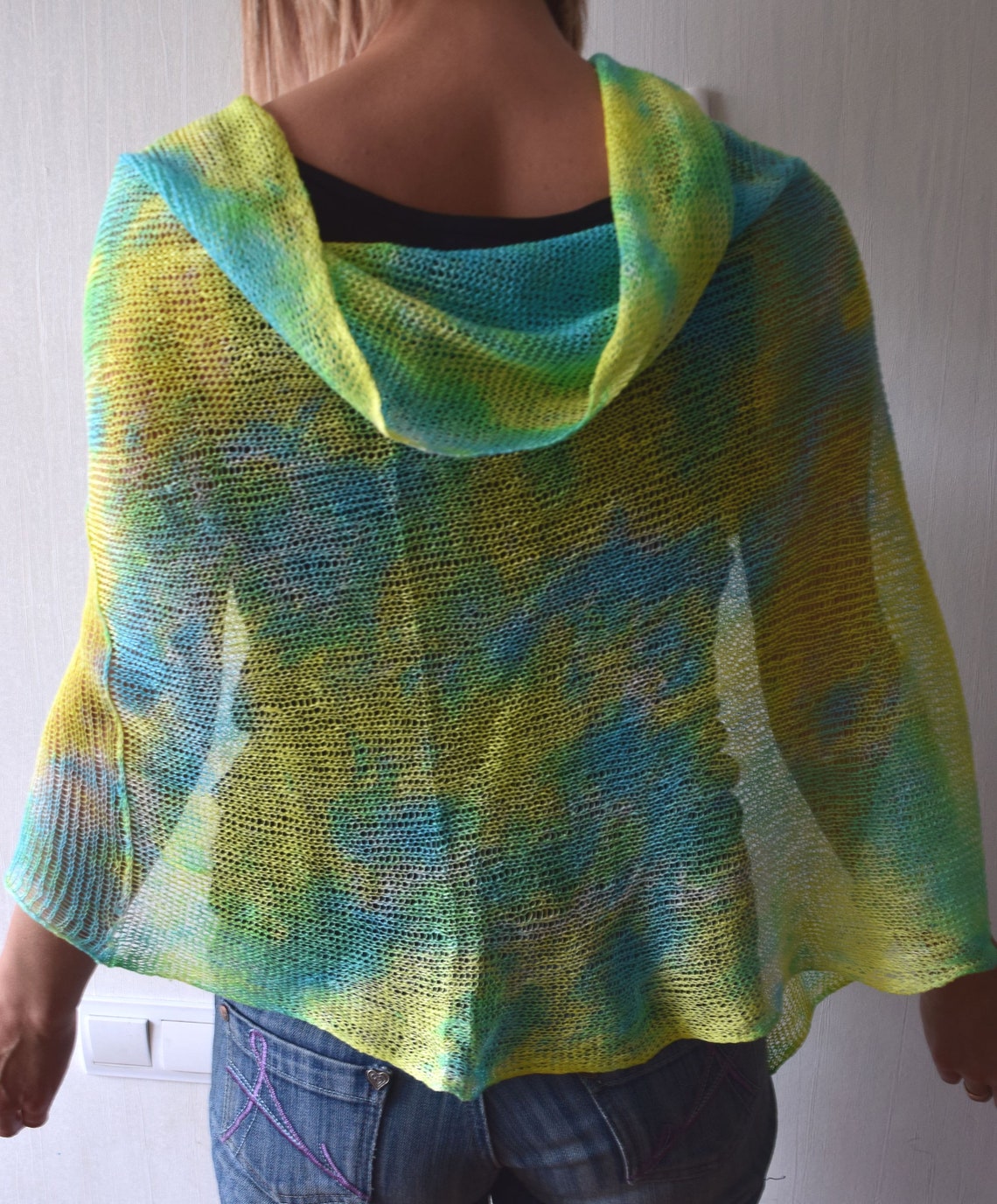 Linen Shawl Poncho Top Lime Green Turquoise Blue Yellow Hand Dyed ...