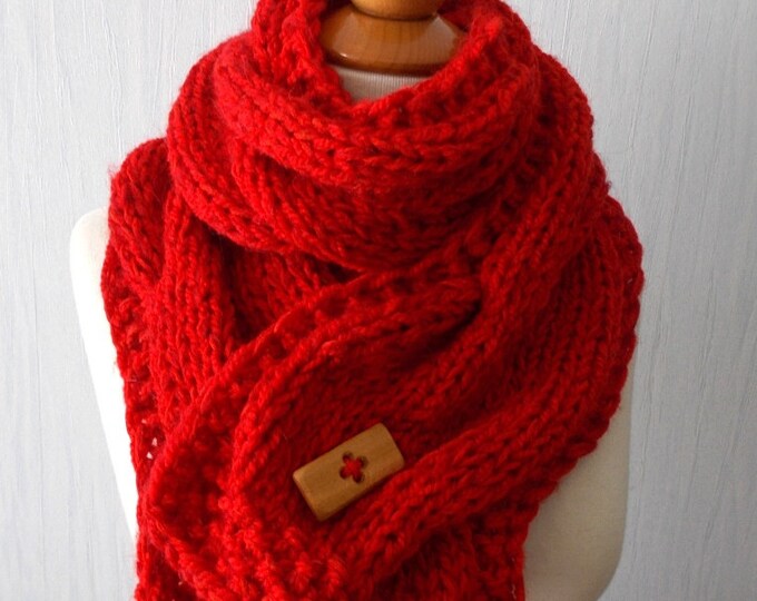 Handknit Chunky Scarf Cabled Big Thick Cowl Red Mohair Acrylic - Etsy