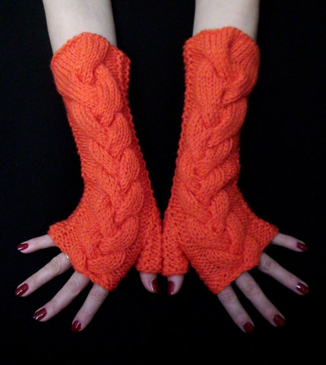 Fingerless Gloves Knit Wrist Warmers Orange Tangerine Cabled - Etsy