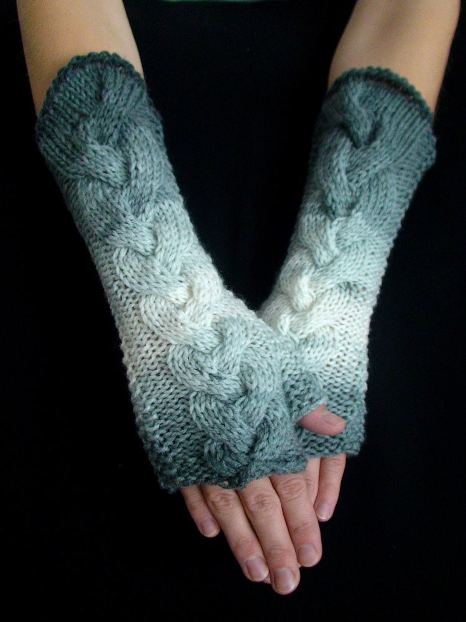 Fingerless Gloves Grey White Shades Cabled Acrylic Arm Wrist - Etsy