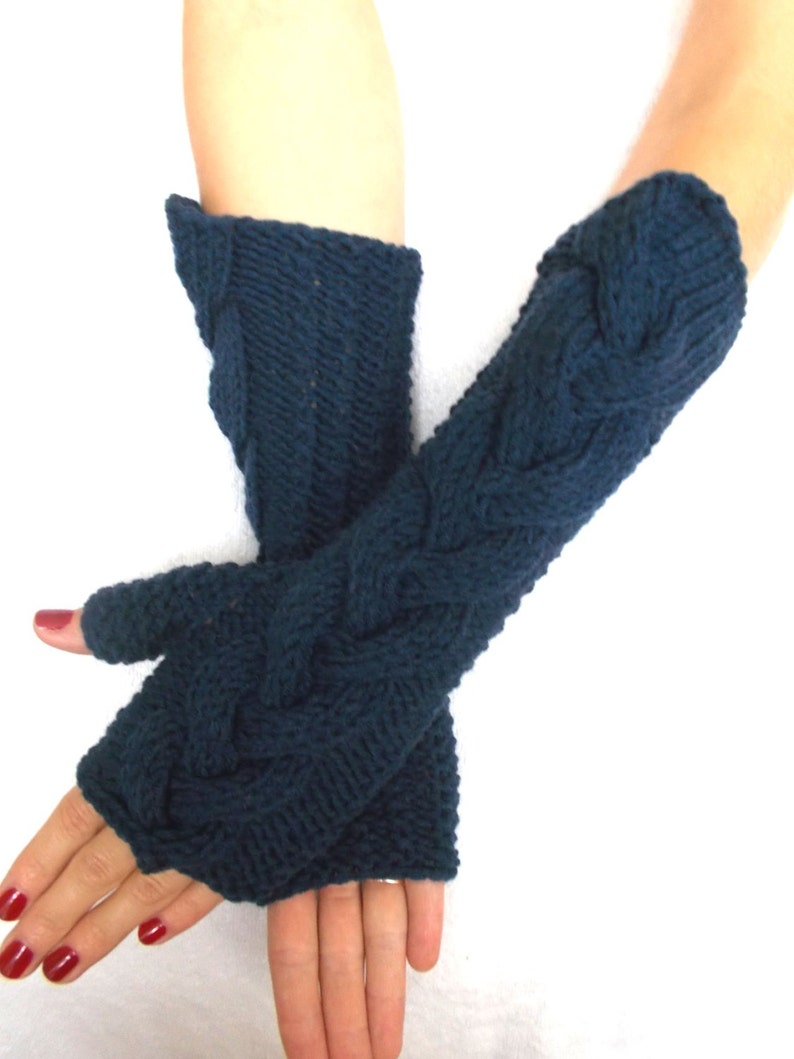 Fingerless Gloves Wrist Warmers Dark Blue/ Navy Cabled Hand | Etsy